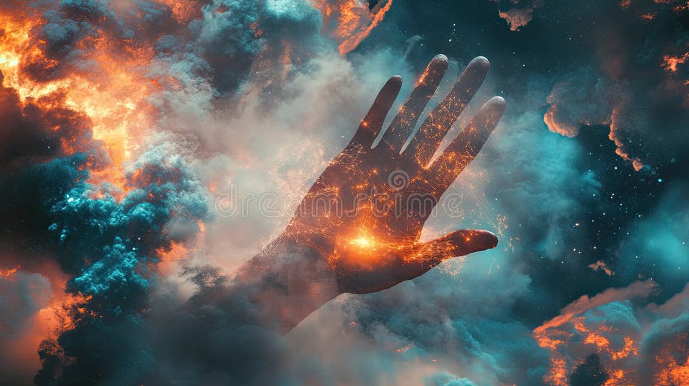 Fiery Hand Emerging from Stormy Clouds – Dramatic Surreal Concept Art ...