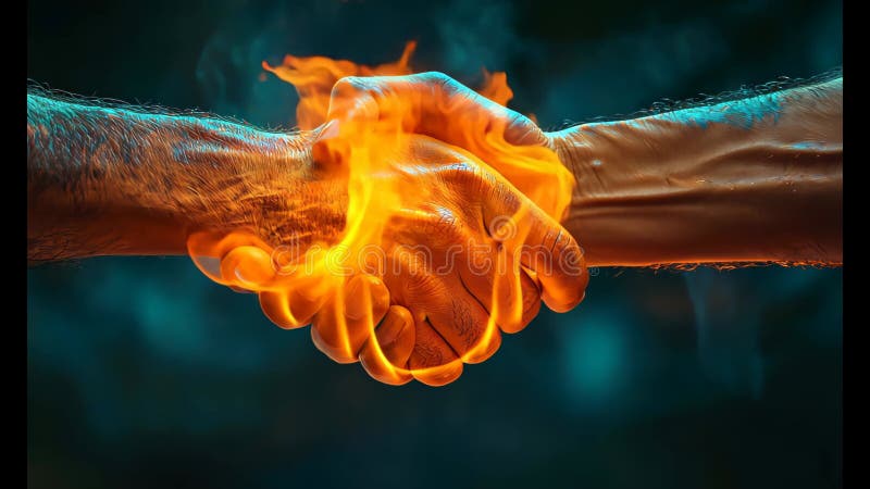 Fiery Handshake Symbolizing Unity and Strength in Challenging Times ...