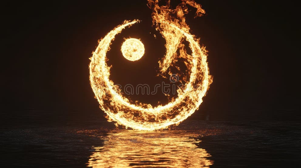 Fiery Harmony Balance of Fire and Reflection in Dark Waters Stock Photo ...