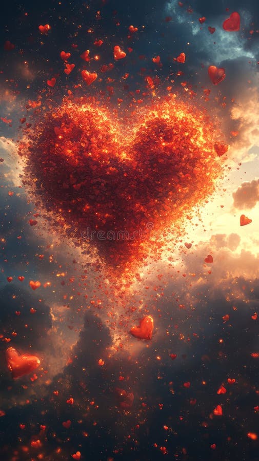 A Fiery Heart Explodes into a Shower of Smaller Hearts Against a ...
