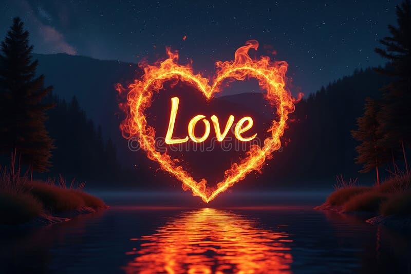 Fiery Heart Symbol Reflecting on Water Under a Starry Night Sky for ...