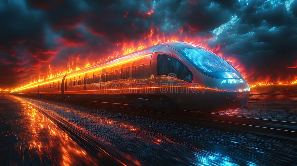 Fiery High-speed Train Racing through Stormy Night Stock Illustration ...