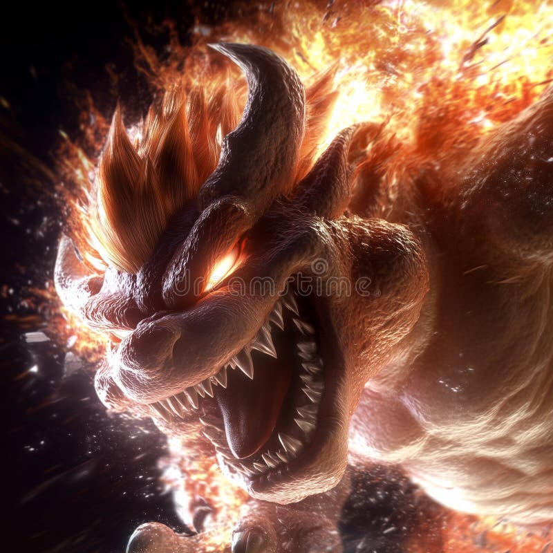 Fiery Horned Monster Roaring with Flames and Fierce Expression Stock ...