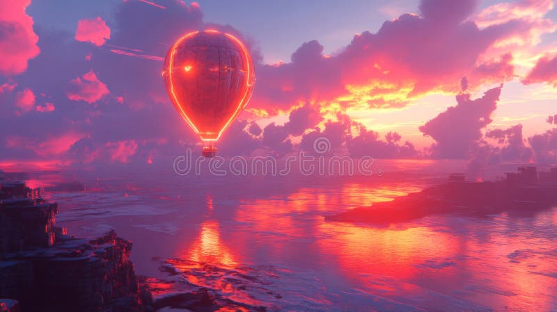 Fiery Hot Air Balloon Over a Red Sunset Ocean Stock Illustration ...