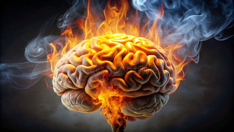 A Fiery Human Brain Engulfed in Flames and Smoke, Representing Intense ...