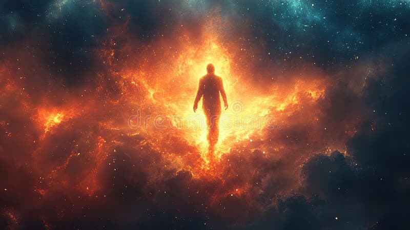 Fiery Human Figure Ascending through a Cosmic Nebula, Radiating Intense ...