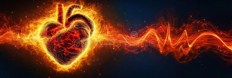 Fiery Human Heart with Dynamic Red ECG Waveform on Dark Background ...