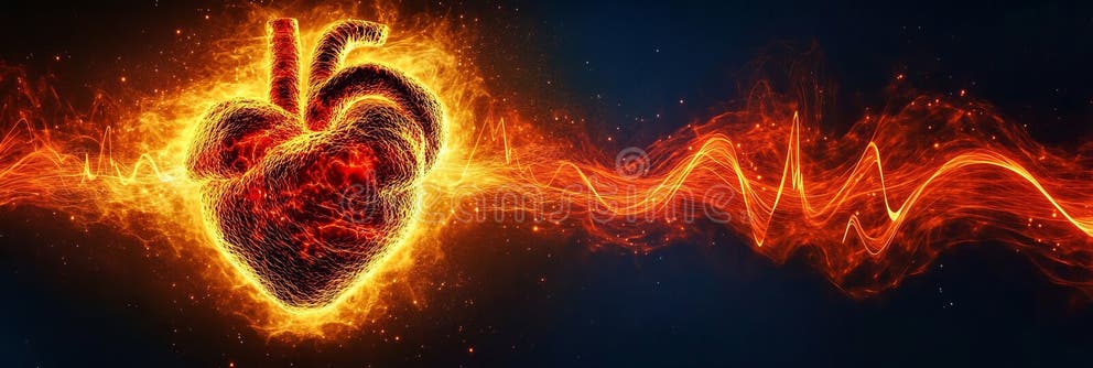 Fiery Human Heart with Dynamic Red ECG Waveform on Dark Background ...