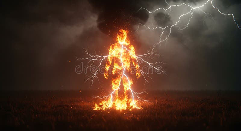 Fiery Humanoid Figure: Dramatic Lightning and Fire Artwork Stock ...