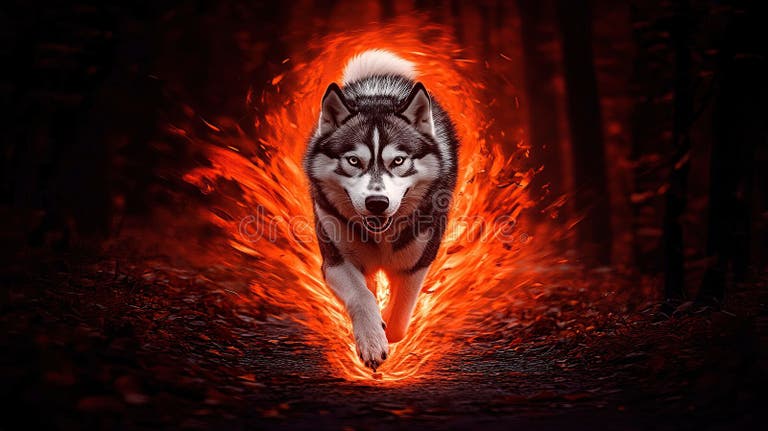 Fiery Husky Running Forest Path, Dark Background, Fantasy Stock Photo ...
