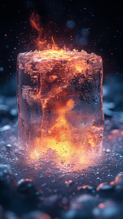 Fiery Ice Block with Intense Flames Emerging from Its Core Stock Photo ...
