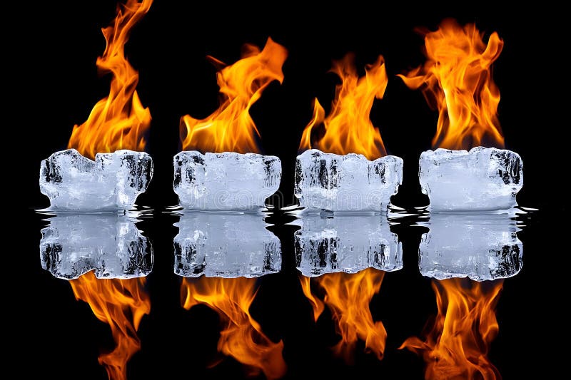 Fiery Ice Cubes Reflect on Dark Surface, Contrasting Elements Stock ...