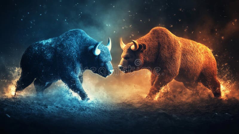 Fiery and Icy Bulls Clashing in Dynamic Digital Art Stock Illustration ...