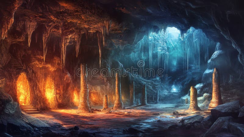 Fiery and Icy Cave Fantasy Landscape Stock Illustration - Illustration ...