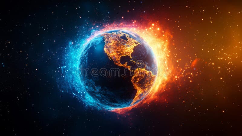 Fiery and Icy Earth in Space: Digital Art Stock Illustration ...