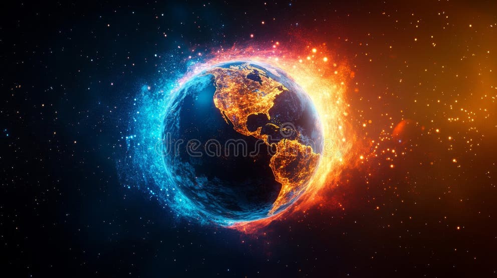 Fiery and Icy Earth in Space: Digital Art Stock Illustration ...