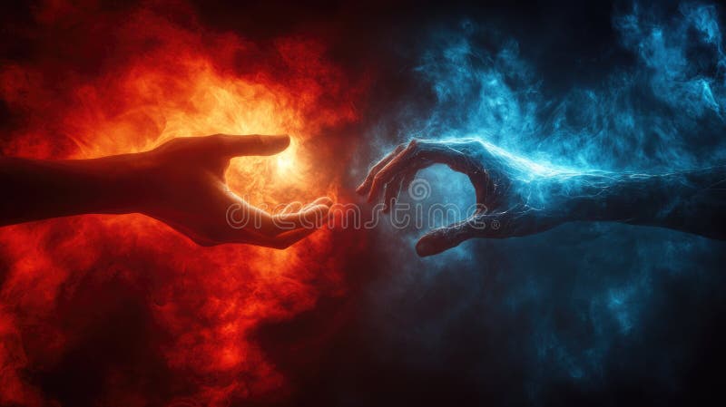 Fiery and Icy Hands Reaching Towards Each Other in an Elemental Balance ...