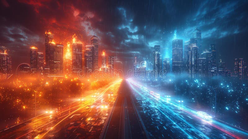 Fiery and Icy Metropolis in Conflict - Generative Ai Stock Illustration ...