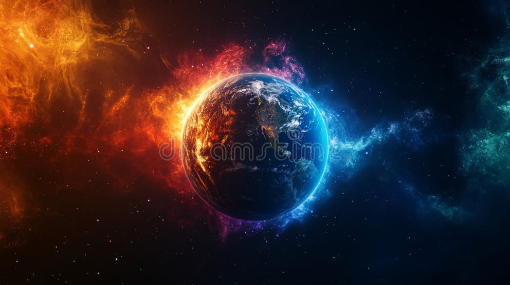 Fiery and Icy Planet in Cosmic Nebula Stock Illustration - Illustration ...