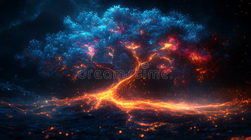 Fiery, Icy Tree with Glowing Roots and Sparks Stock Illustration ...