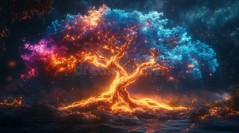 Fiery and Icy Tree of Life Glowing in the Dark Stock Illustration ...