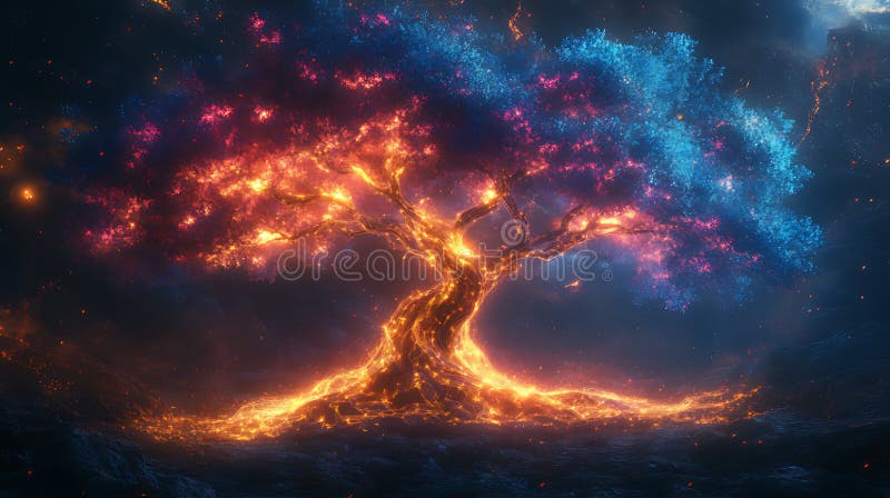 Fiery and Icy Tree of Life Glowing in Dark Night Stock Illustration ...