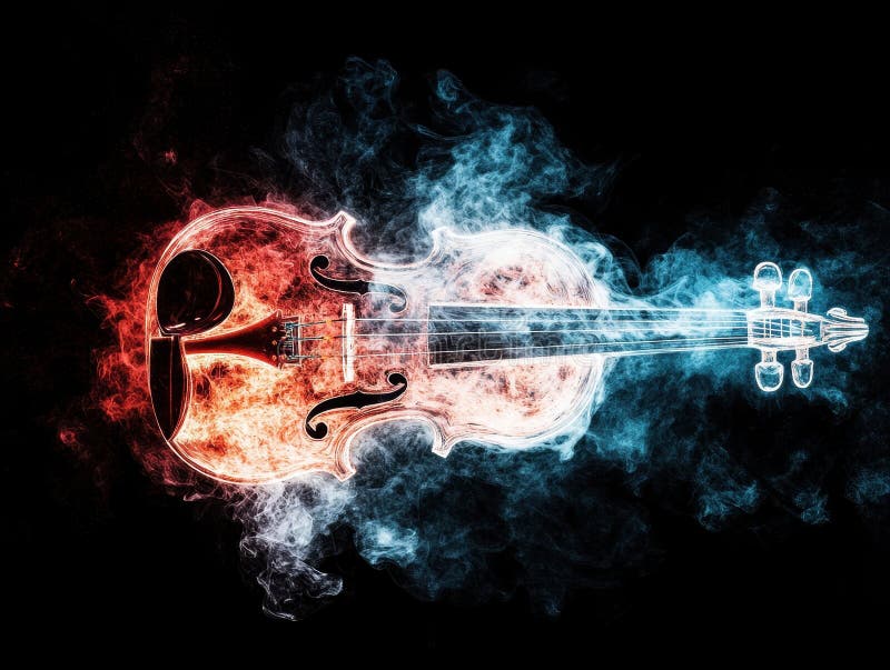 Fiery and Icy Violin with Smoke Effects on Black Background Stock Photo ...