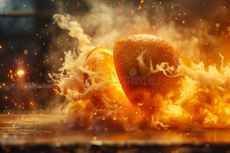 Fiery Impact with Orange and Dynamic Explosion of Juice and Pulp on ...