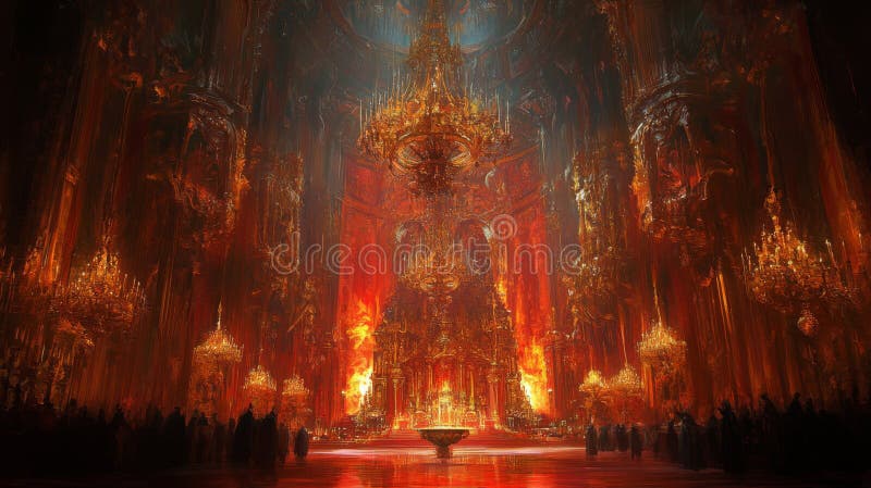 Fiery Infernal Palace Interior with Golden Chandelier Stock ...