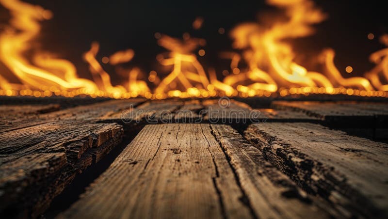 Fiery Inferno Backdrop Behind Rustic Wooden Surface Dramatic ...