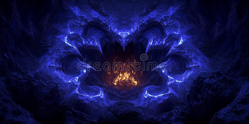 Fiery Inferno in a Blue Crystal Cave Fantasy Art Stock Illustration ...