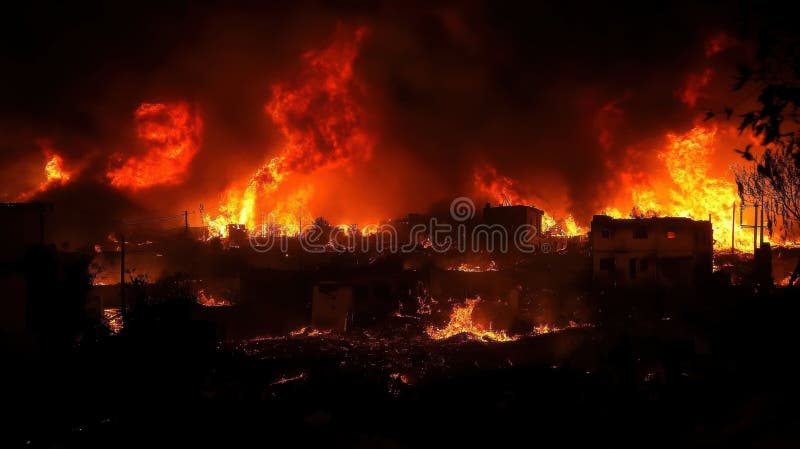 Fiery Inferno Consumes Buildings in a Nighttime Wildfire Disaster Stock ...