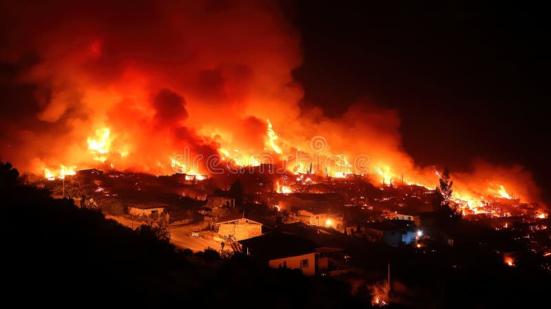 Fiery Inferno Consumes Homes in Nighttime Wildfire Disaster Stock ...