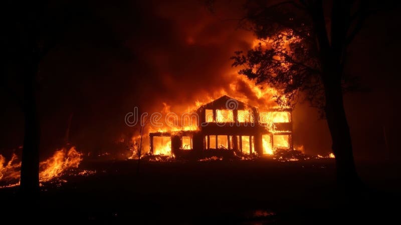 Fiery Inferno Consumes House at Night, Dramatic Fire Destruction Scene ...