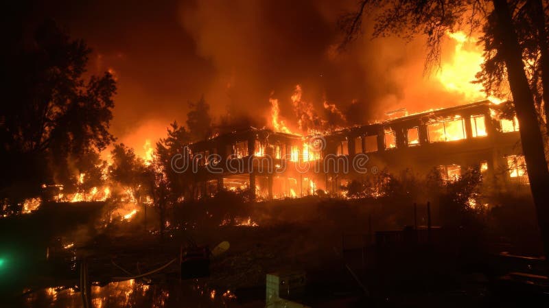 Fiery Inferno Consumes a Large Building at Night, Intense Flames ...