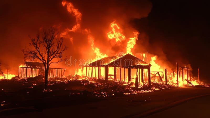 Fiery Inferno Consumes Structures in a Raging Wildfire at Night ...