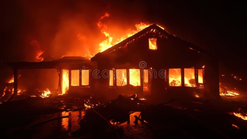 Fiery Inferno Engulfs a House at Night, Intense Flames and Smoke ...
