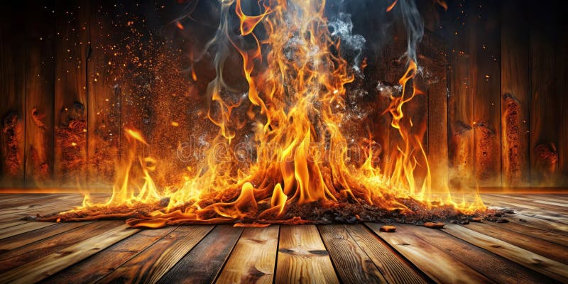 Fiery Inferno on Rustic Wooden Floor a Dramatic Visual of Burning ...