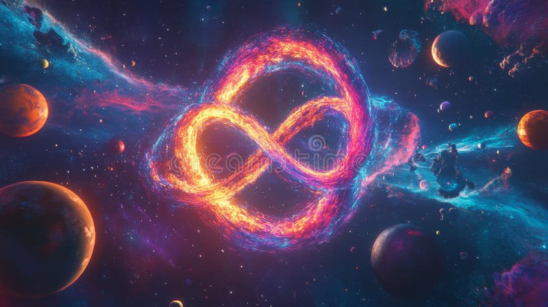 Fiery Infinity Symbol in Cosmic Space with Vibrant Planets Stock Photo ...