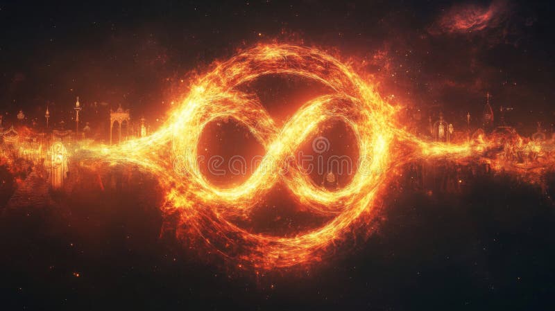 A Fiery Infinity Symbol Emerging from a Cityscape Stock Illustration ...