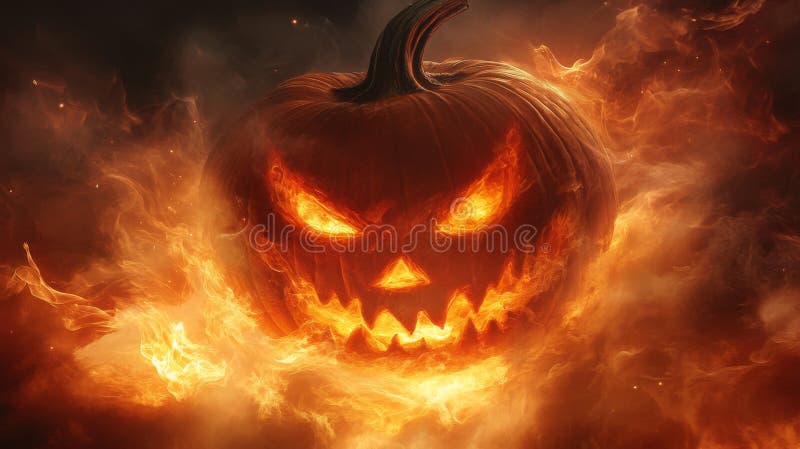 Fiery Jack-o -Lantern Glowing in Smoke and Flames Stock Illustration ...