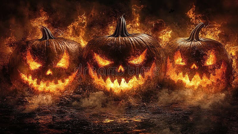 Fiery Jack-o -lanterns in a Haunted Background Stock Illustration ...