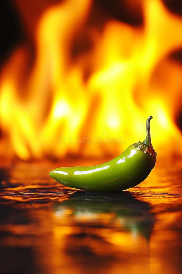 Fiery Jalapeo Pepper a Single Green Jalapeo Rests Against a Blazing ...