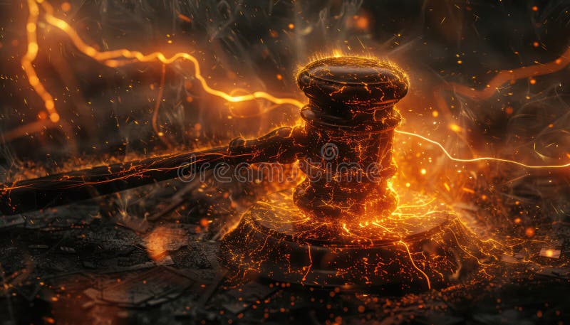 Fiery Judge Mallet Striking Powerfully on Dark Ground with Sparks and ...