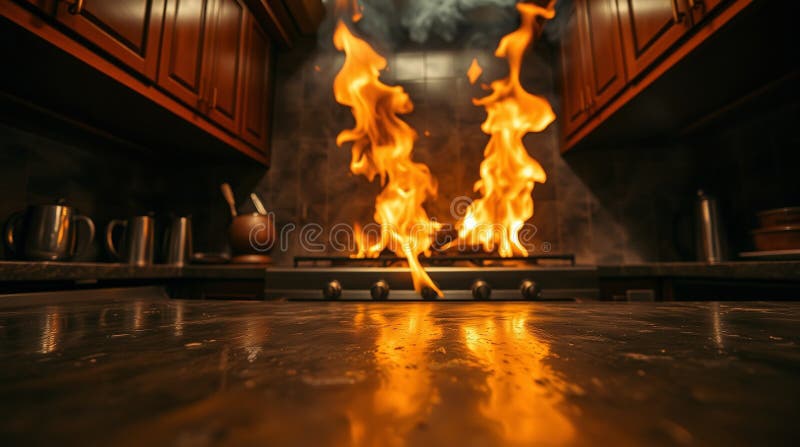 Fiery Kitchen Scene with Flames on a Stovetop, Reflecting on a Dark ...