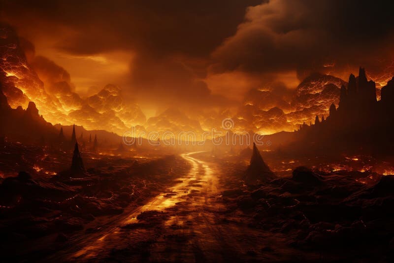 A Fiery Landscape Depicting a Highway To Hell, Generative Ai Stock ...