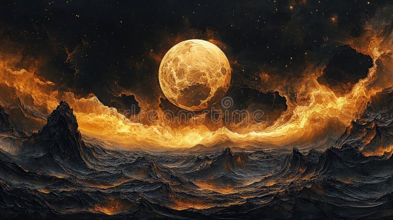 Fiery Landscape with Large, Orange Moon and Starlit Sky Stock ...