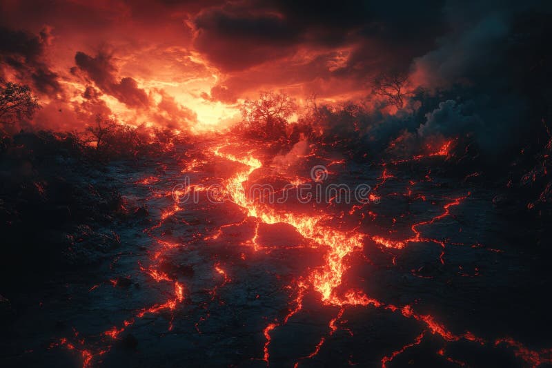 A Fiery Landscape with a Lava Flow and a Red Sky Stock Photo - Image of ...