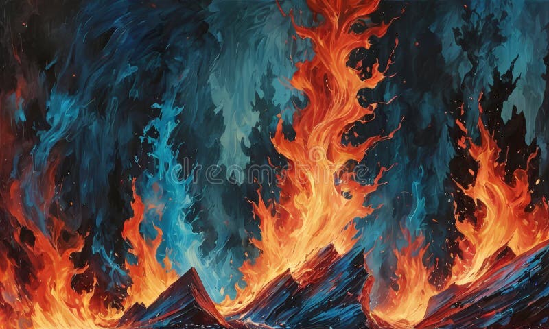 Fiery Landscape with Mountains and Trees Ablaze, Creating Dramatic and ...