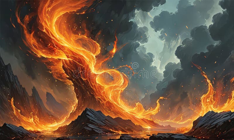 Fiery Landscape Unfolds with Towering Mountain, River, and Stormy Sky ...